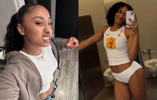USC star JuJu Watkins reacts to the Trojans' track & field star Jasmine Jones clinching her ...