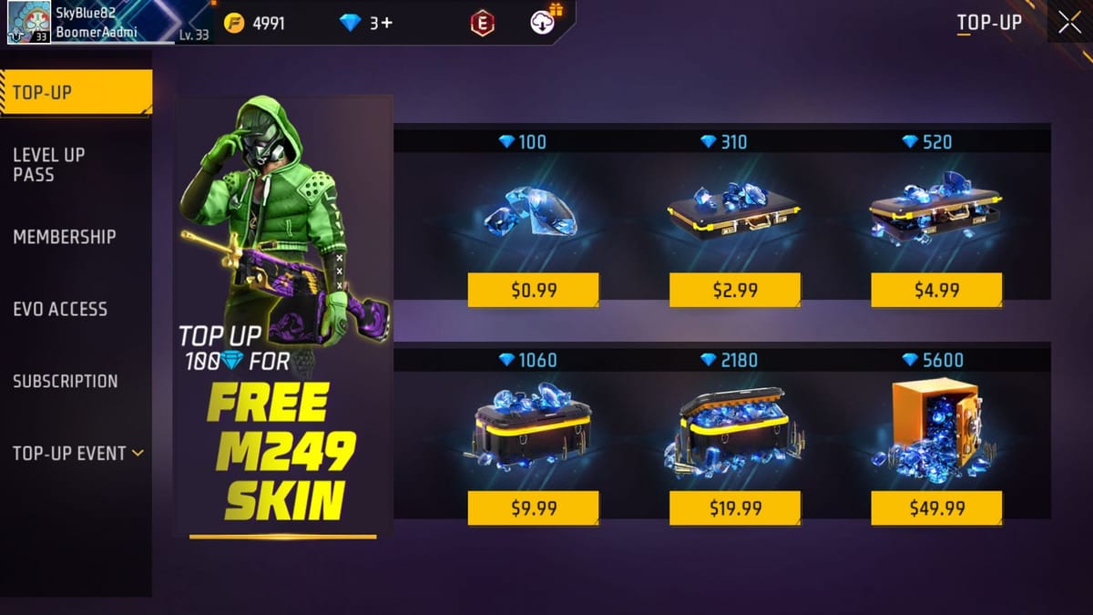 Free Fire Top-Up event: M249 - Jam Sessions, Trident Bundle, and more