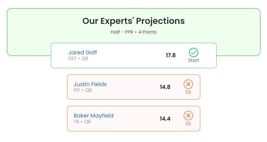Justin Fields or Baker Mayfield or Jared Goff: Week 4 Fantasy Football Start 'Em Sit 'Em projections