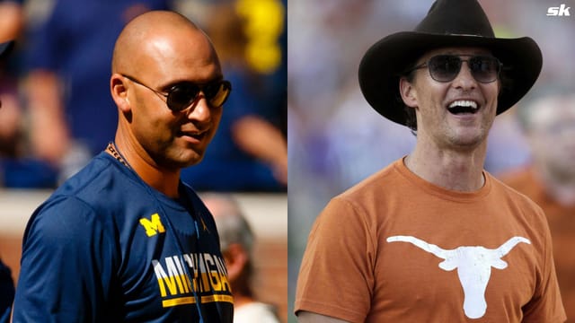 Photo: Derek Jeter cheers for Michigan with Texas’ own Matthew McConaughey at Wolverines vs ...