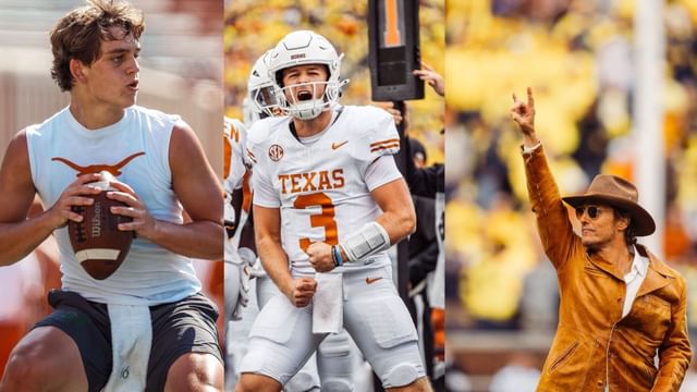 WATCH: Texas superfan Matthew McConaughey embraces QBs Quinn Ewers and Arch Manning after ...