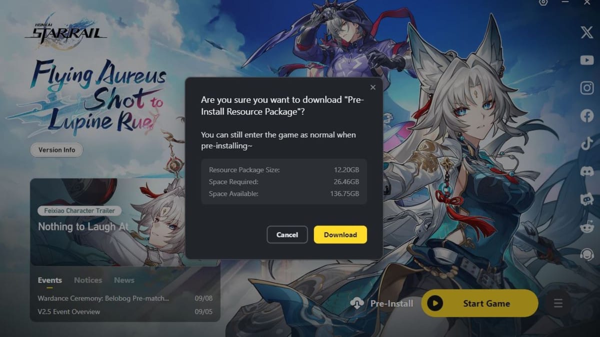 Honkai Star Rail 2.5 update preload size and installation guide