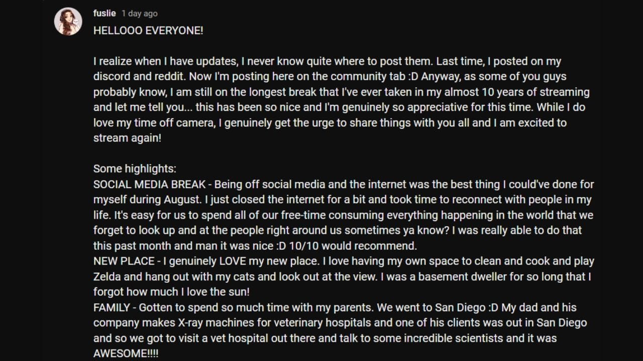 YouTuber Fuslie reveals she will be returning to content creation ...