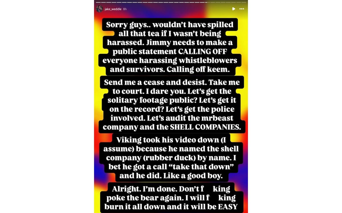 Jake Weddle suggests MrBeast should be "jailed" after listing several ...