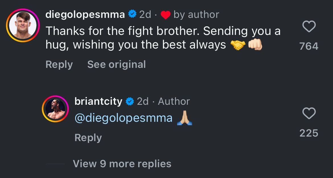 Diego Lopes reacts to Brian Ortega's battle-bruised face after Noche ...