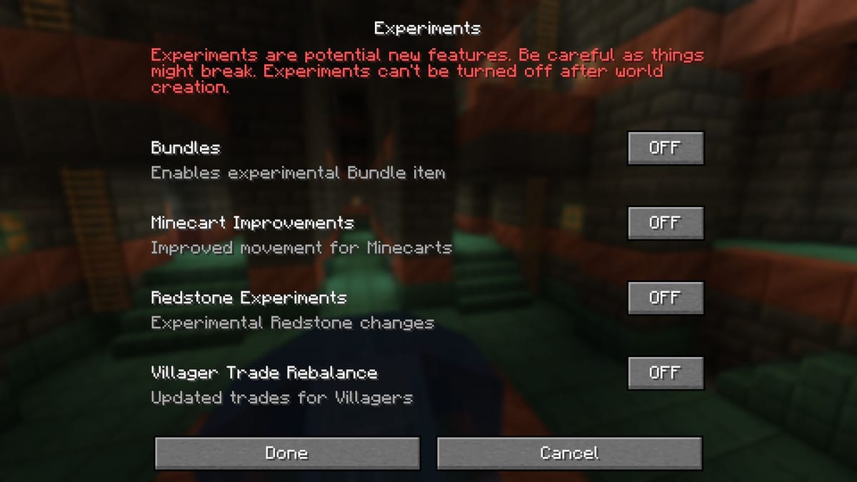 All experimental features available in Minecraft (2024)