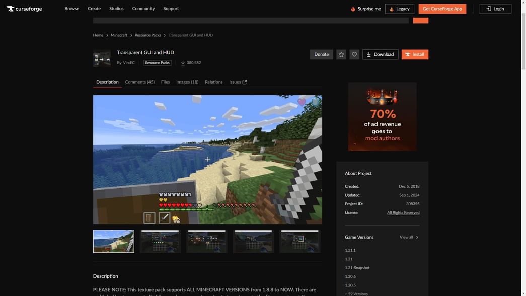Minecraft Transparent GUI texture pack: How to get and use