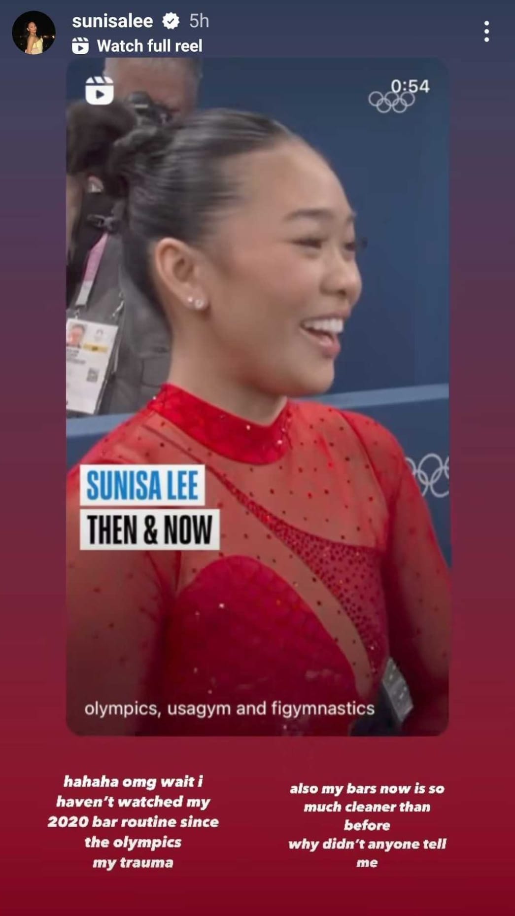 Suni Lee reacts to her uneven bars routine from the 2020 and 2024 ...