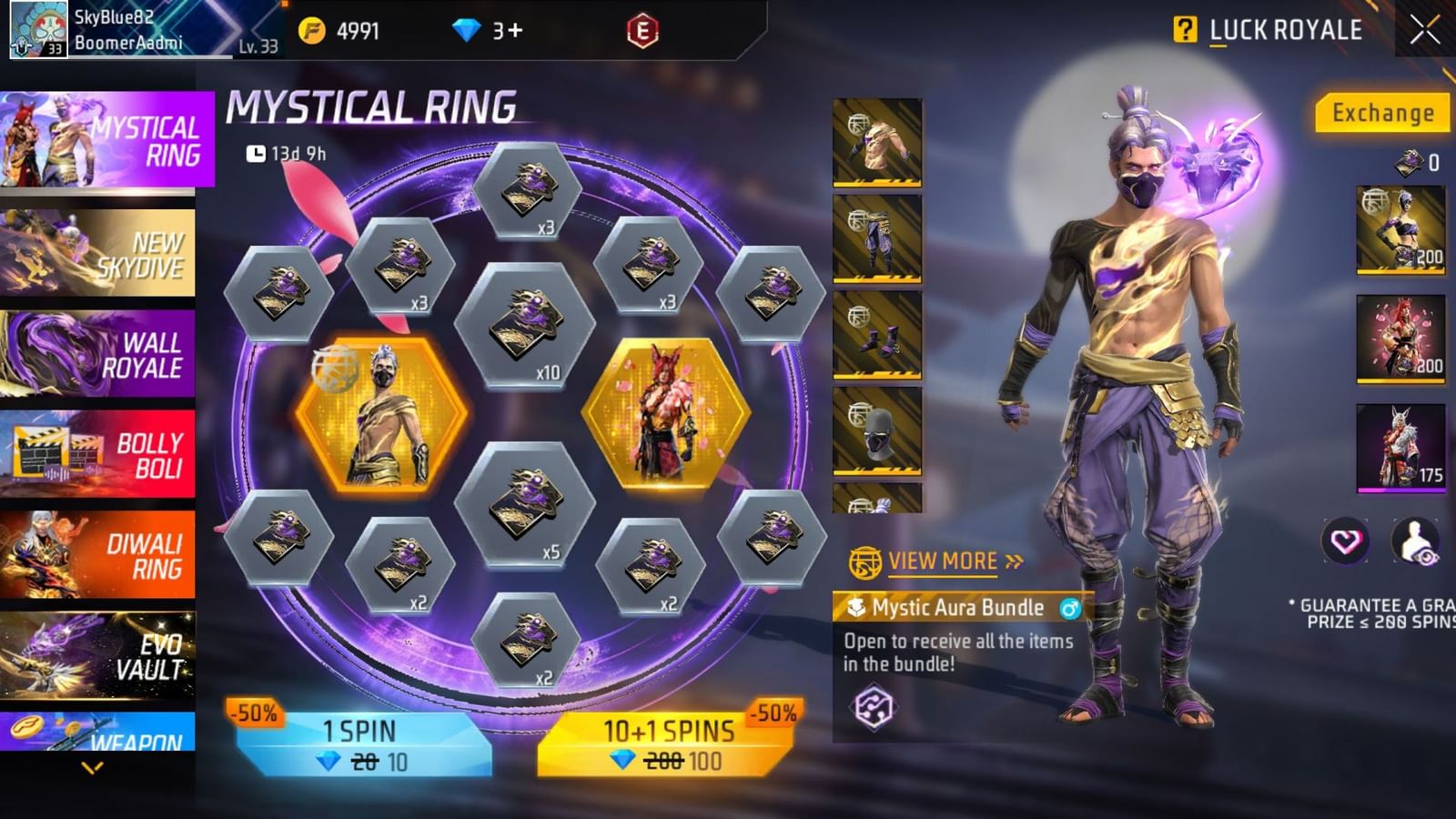 Free Fire Mystical Ring event rewards: Mystic Aura Bundle, The Sunscorch Priest Bundle, and more