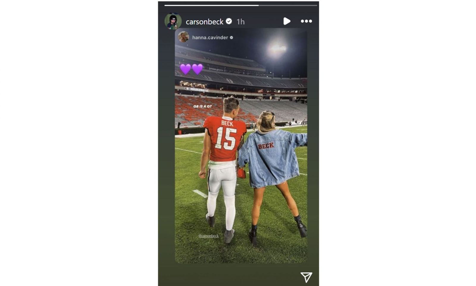 "QB is a QT": Hanna Cavinder shares romantic snap with BF Carson Beck post Mississippi State win