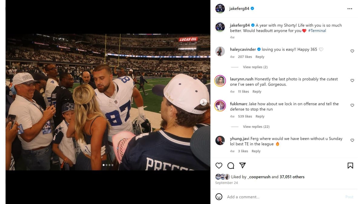 Cowboys' Jake Ferguson gushes over girlfriend Haley Cavinder's 1 of 1 ...