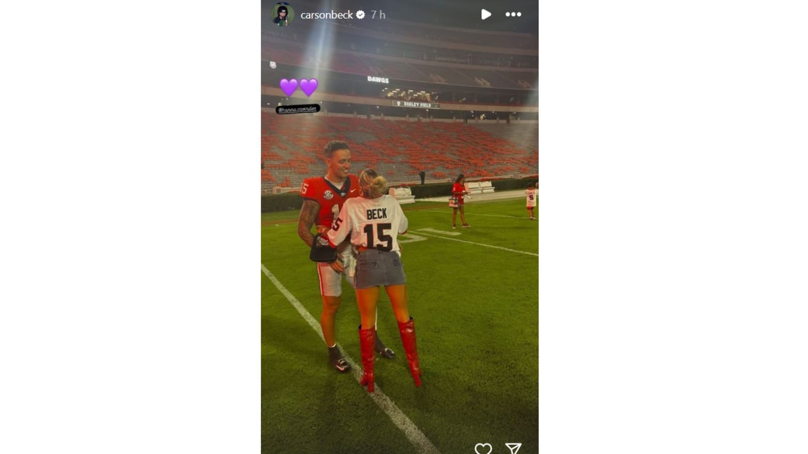 PIC: Georgia QB Carson Beck shares cute on-field moment with GF Hanna Cavinder after win vs Auburn
