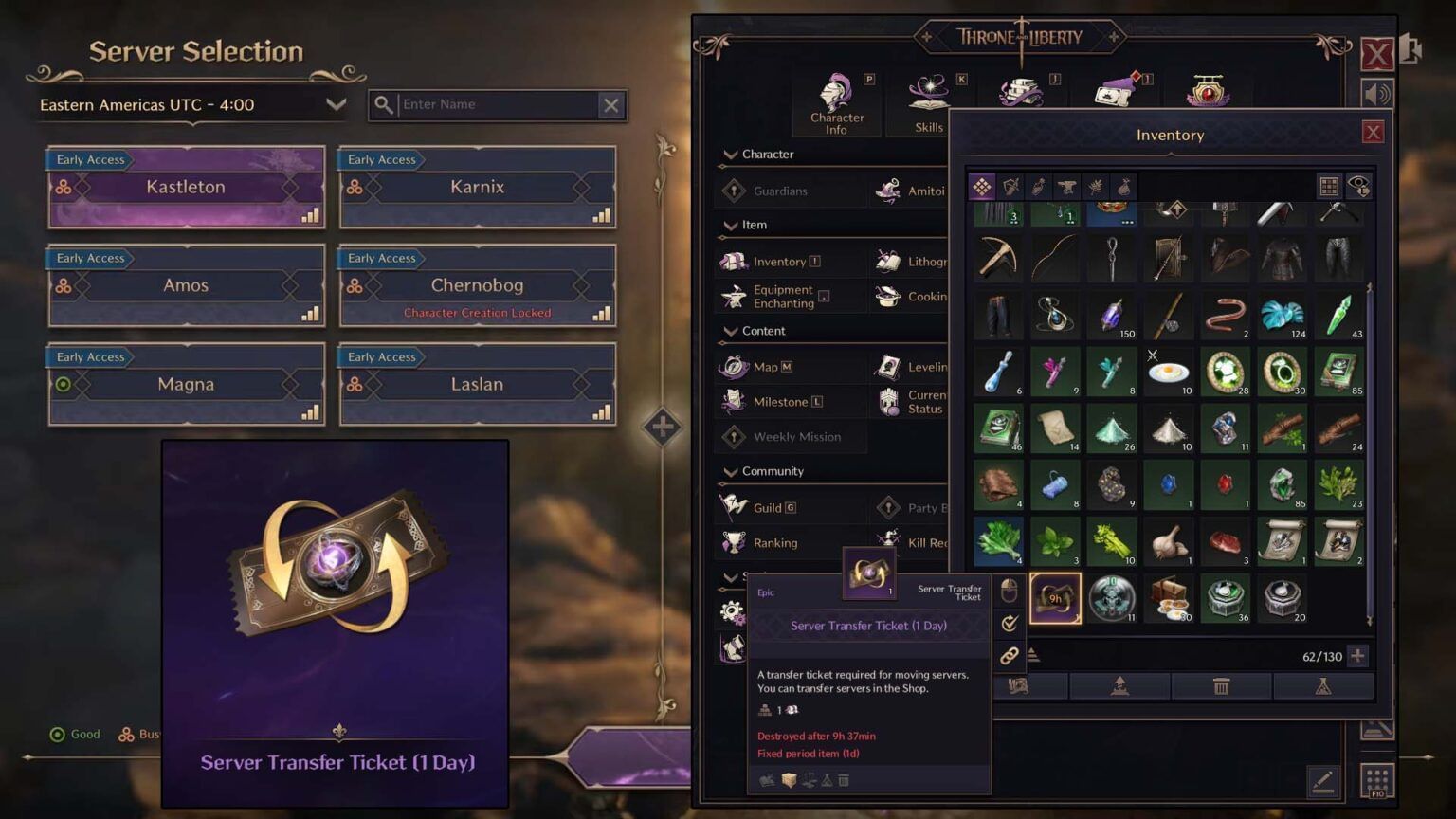 How to transfer between servers in Throne and Liberty