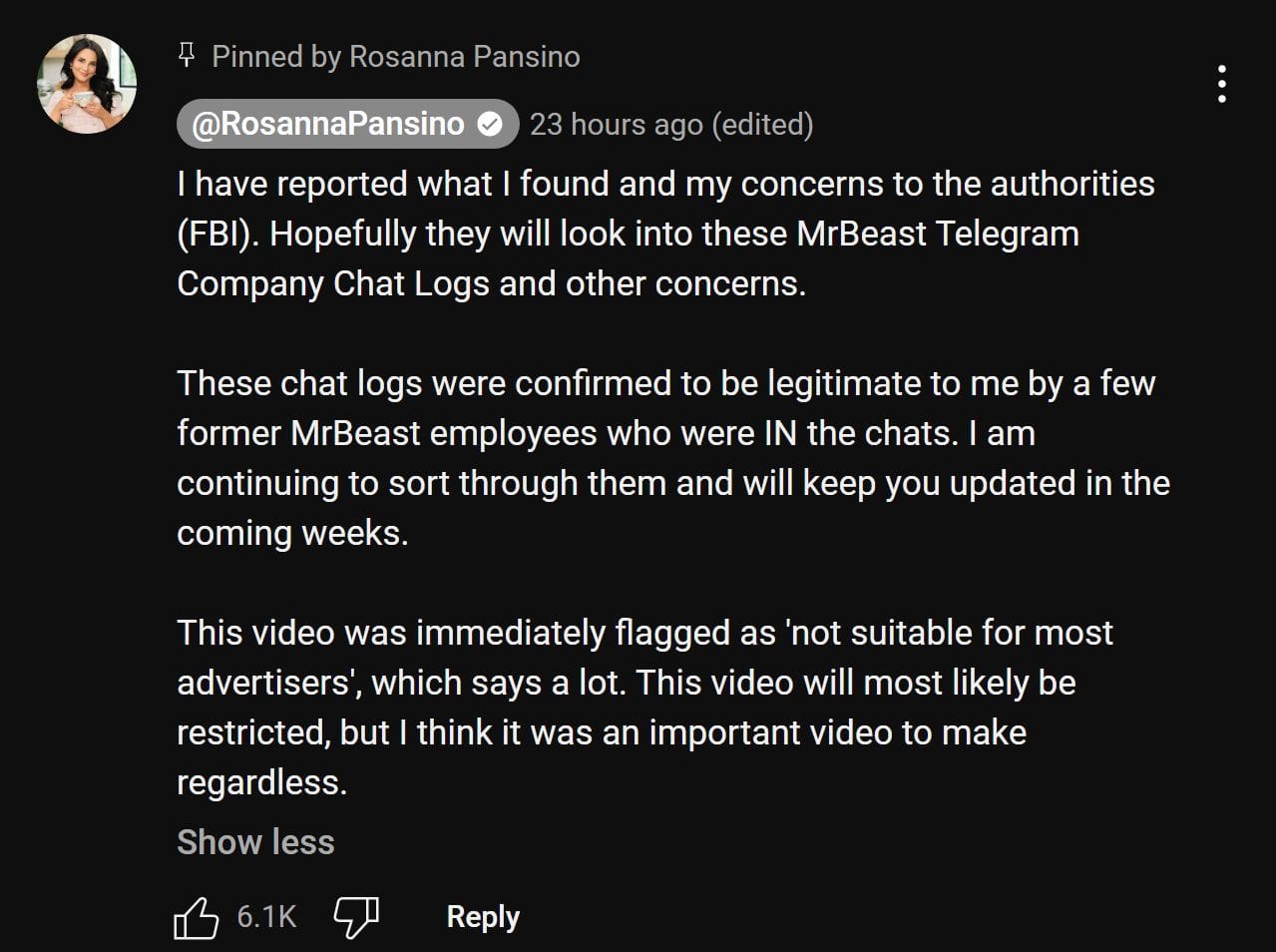 Rosanna Pansino reports MrBeast's company's Telegram chats to the FBI ...