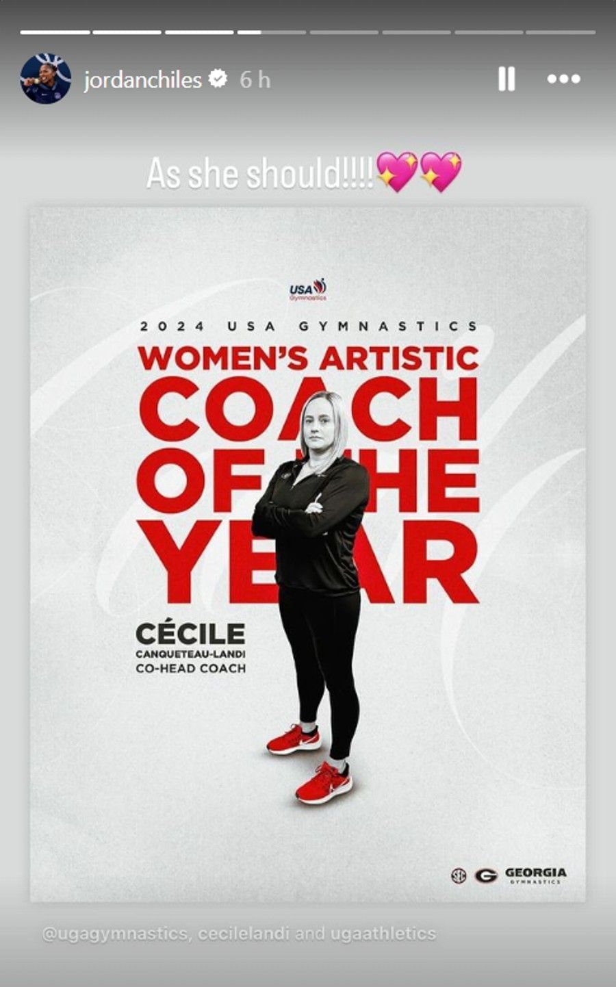 Simone Biles reacts to Cecile Landi being honored with Coach of the ...