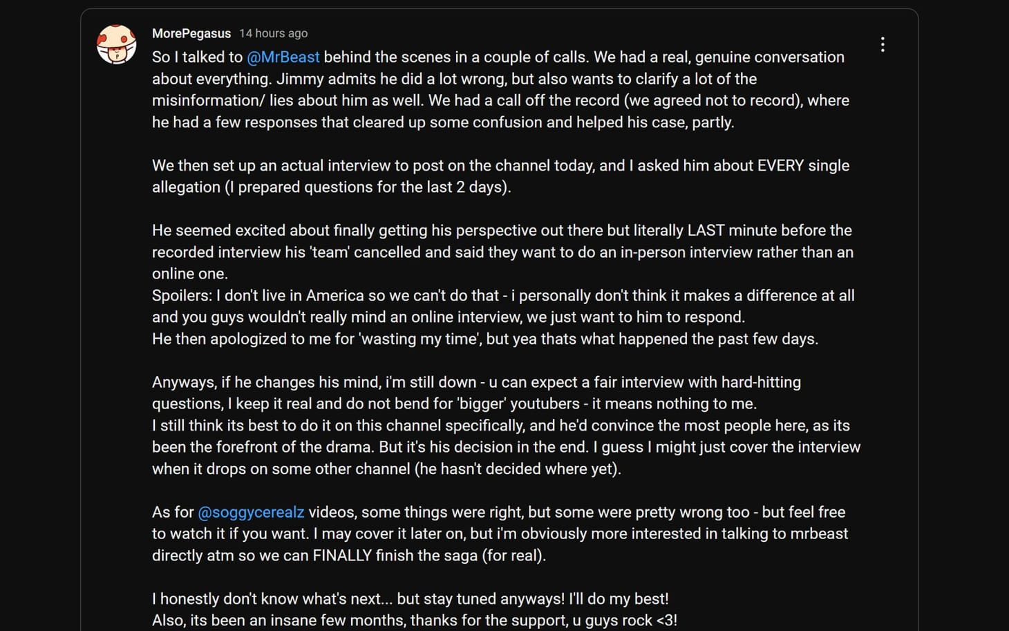 "I asked him about every single allegation" - YouTuber MorePegasus ...