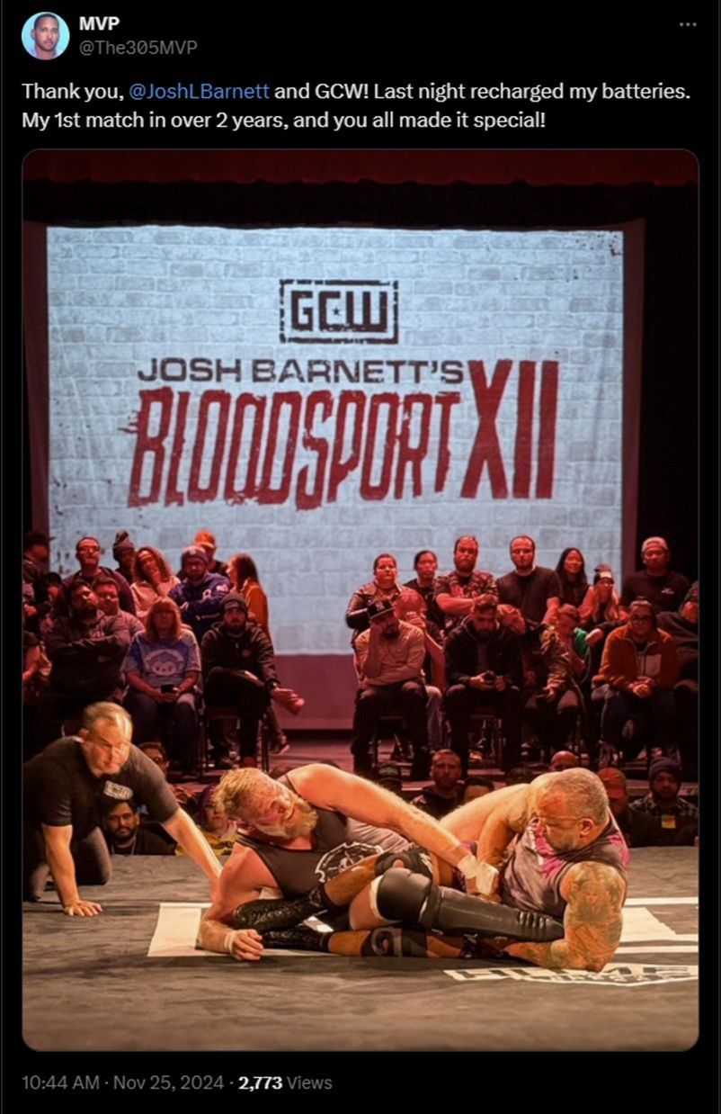 AEW star MVP breaks silence after wrestling first match in more than ...