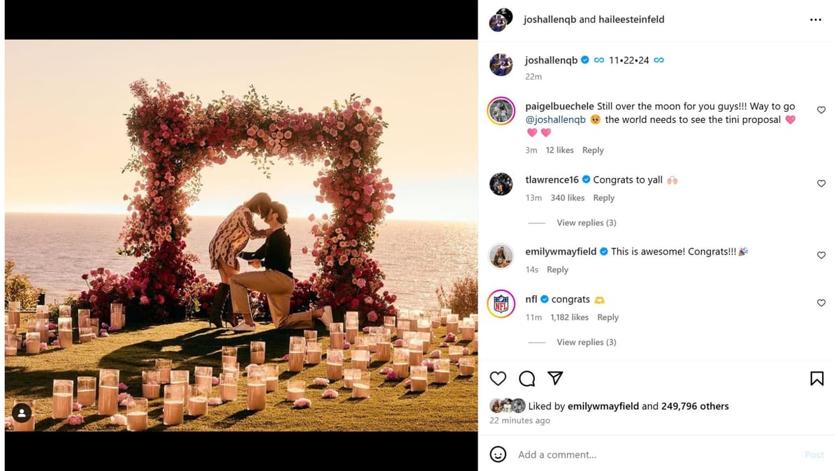Josh Allen announces engagement to Hailee Steinfeld after romantic seaside proposal