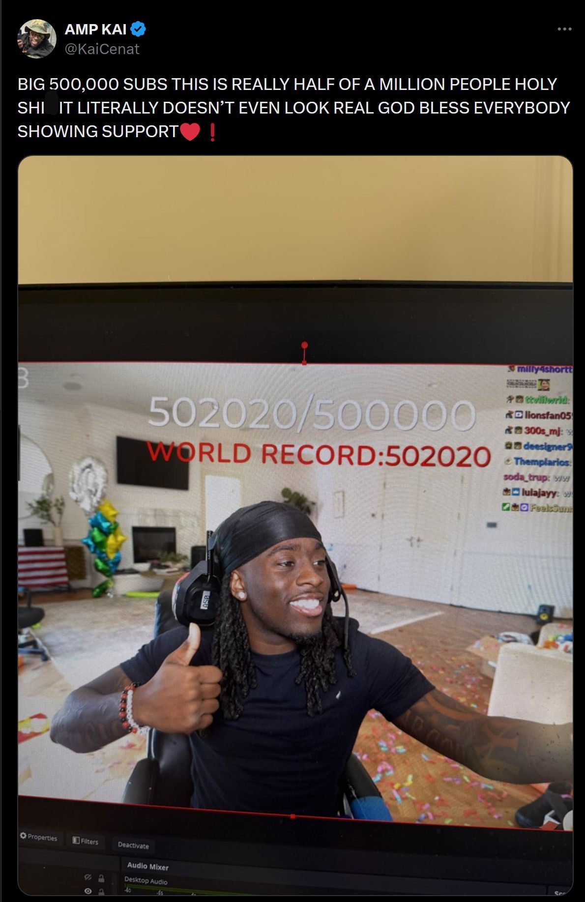 "FIRST ONE IN THE WORLD": Streaming community reacts as Kai Cenat reaches 500K subscribers on Twitch