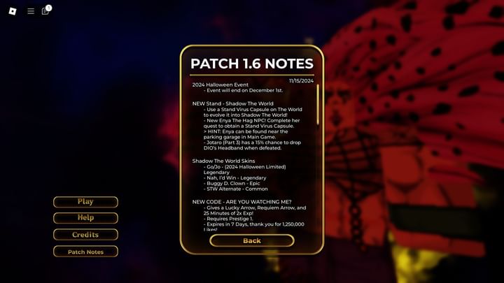 Your Bizarre Adventure Update 1.6 patch notes