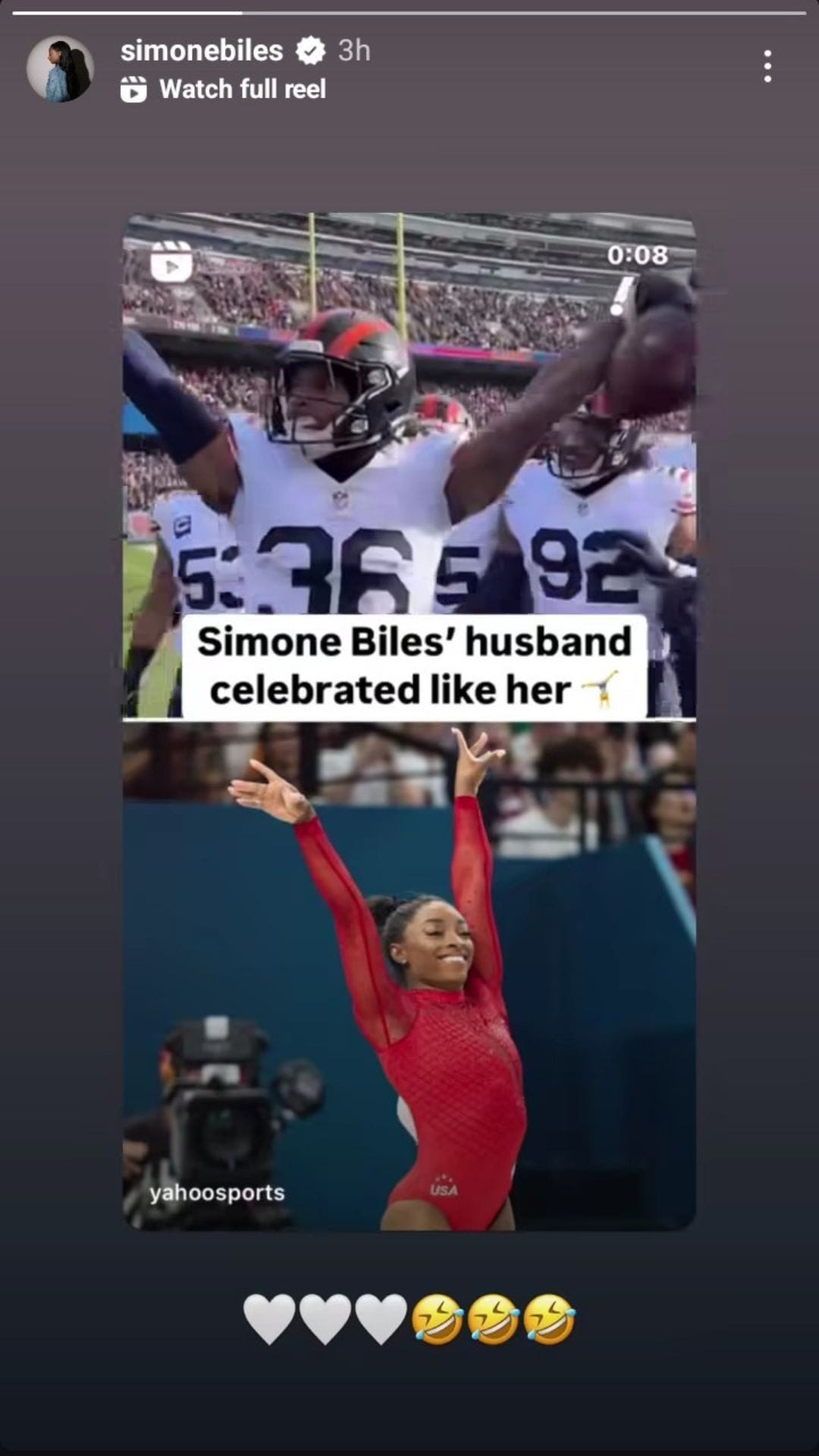 Simone Biles' adorably reacts as husband Jonathan Owens imitates her ...