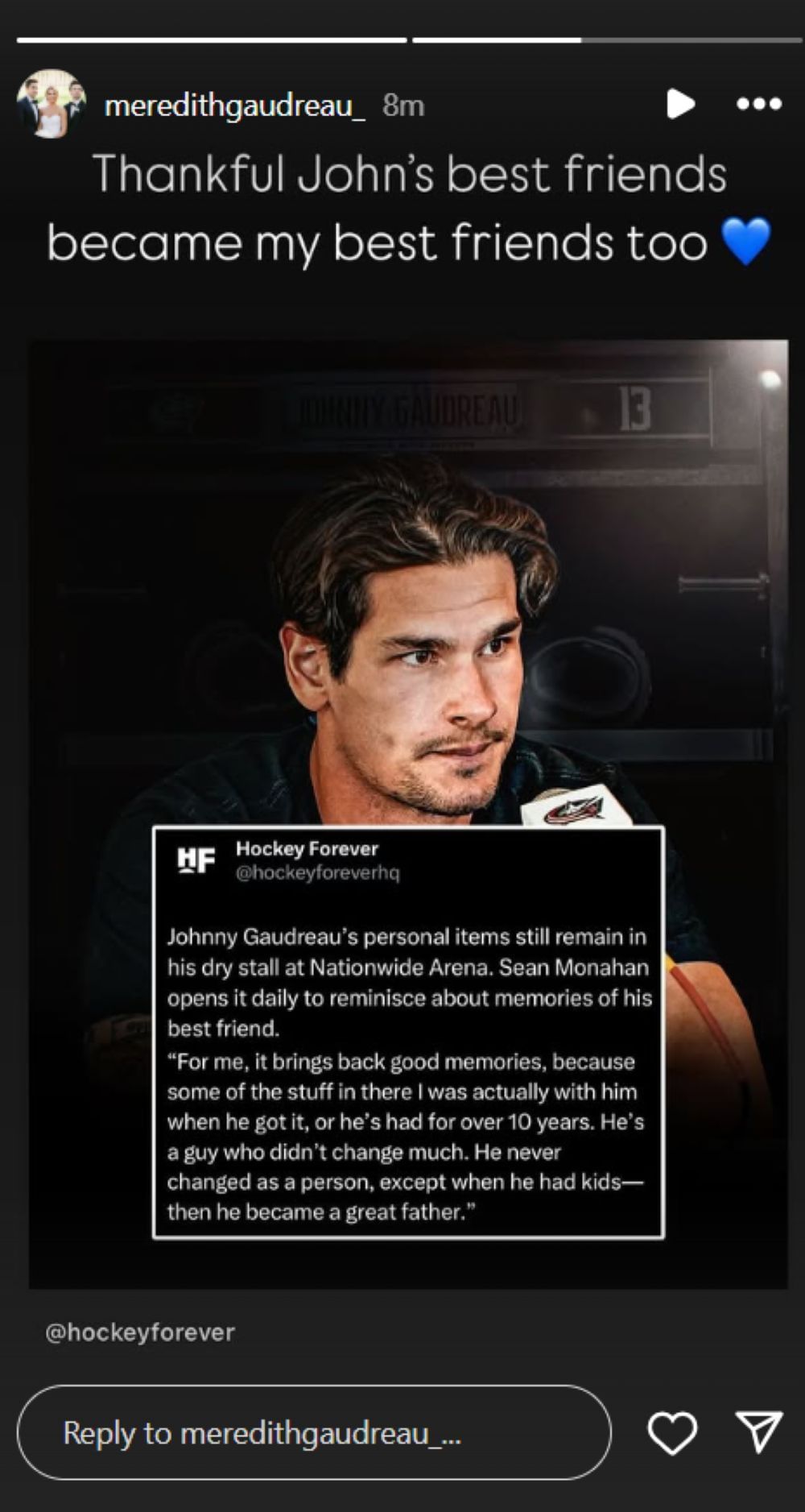 Johnny Gaudreau's wife Meredith reacts to Sean Monahan's way of ...