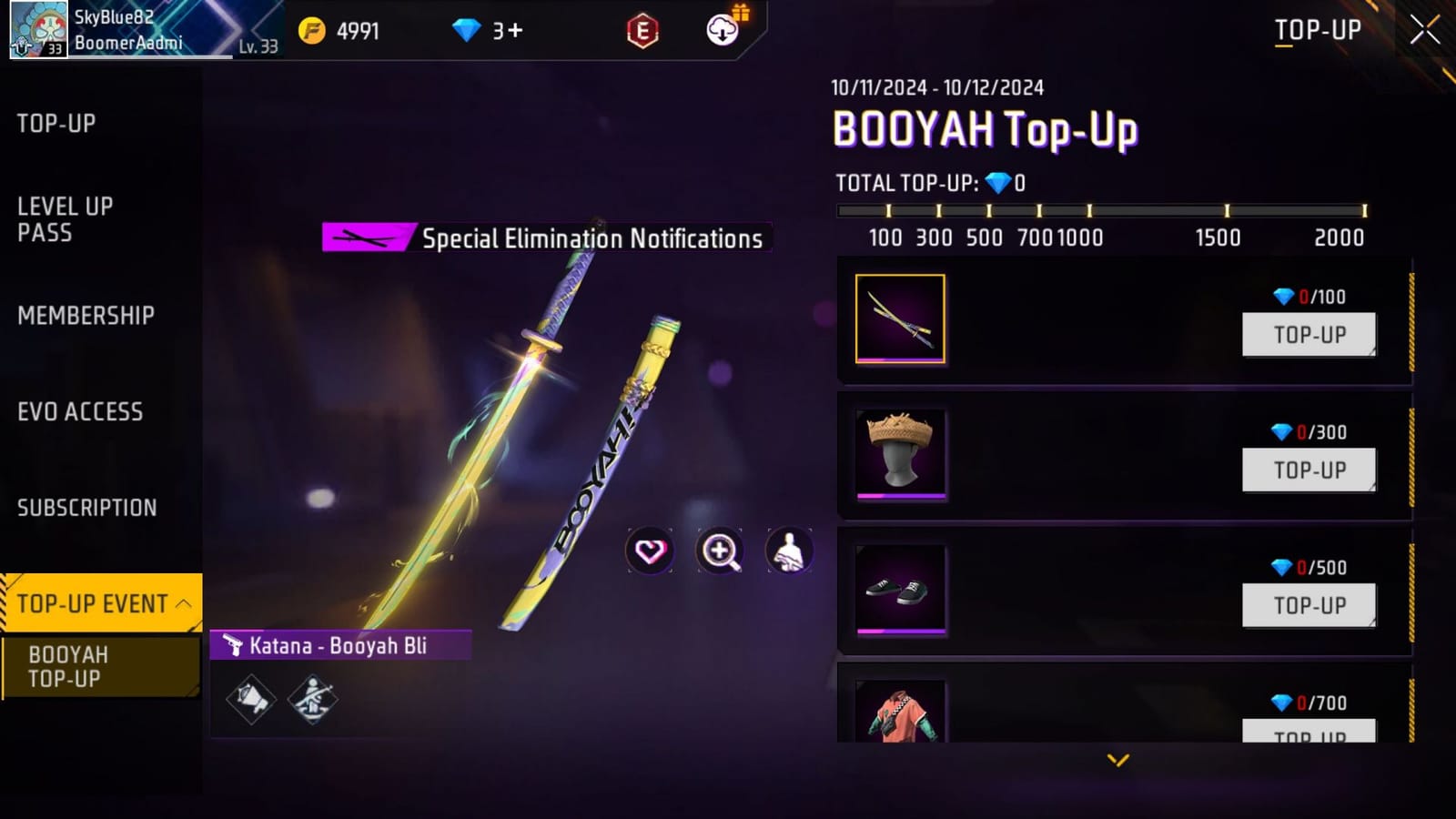 Free Fire Booyah Top-Up: Katana - Booyah Bling, Country Fest Charmer ...