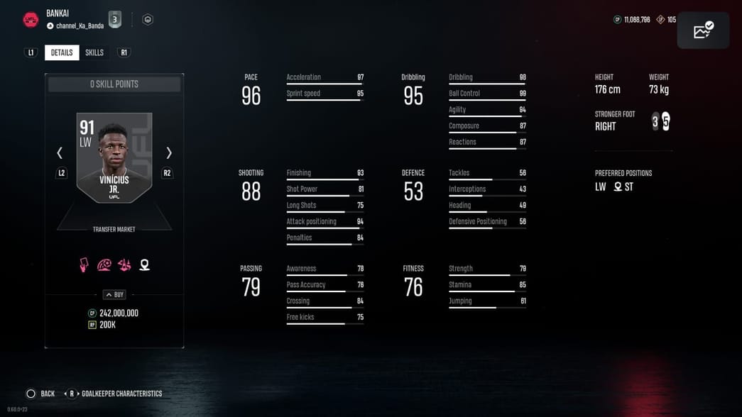 EA FC 25 vs UFL: Vinicius Junior player rating and stats comparison