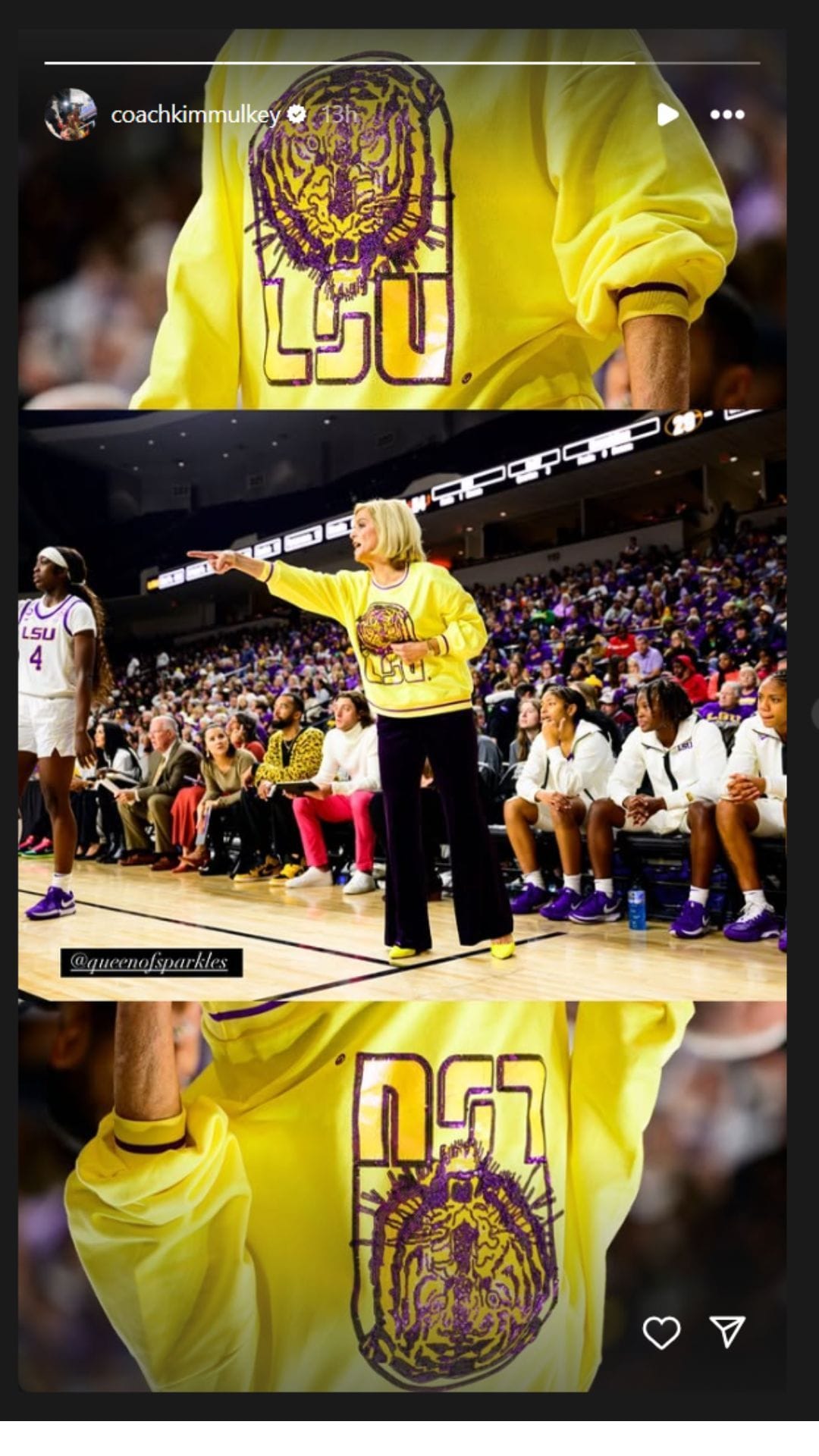 PIC: LSU HC Kim Mulkey shows off vibrant yellow sweatshirt engraved ...
