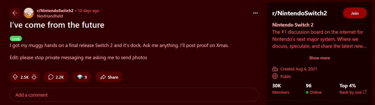 Redditor claims to have Nintendo Switch 2, hints at January 8, 2025, reveal