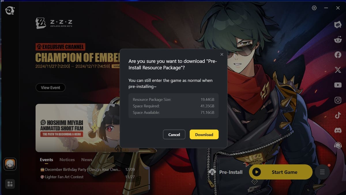 Zenless Zone Zero 1.4 preload size and download guide