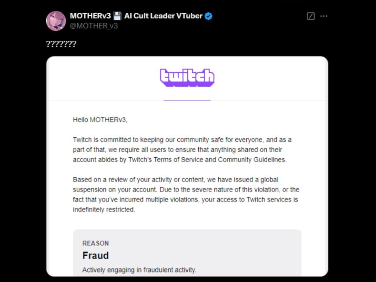 VTuber MOTHERv3 banned on Twitch for engaging in "fraudulent activity"