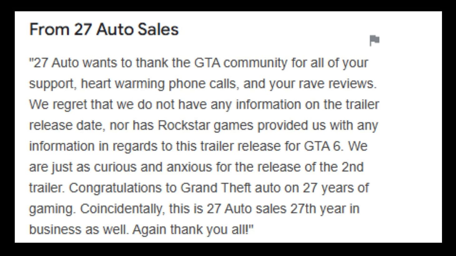 27 Auto Sales responds to the GTA 6 trailer 2 release theory ...