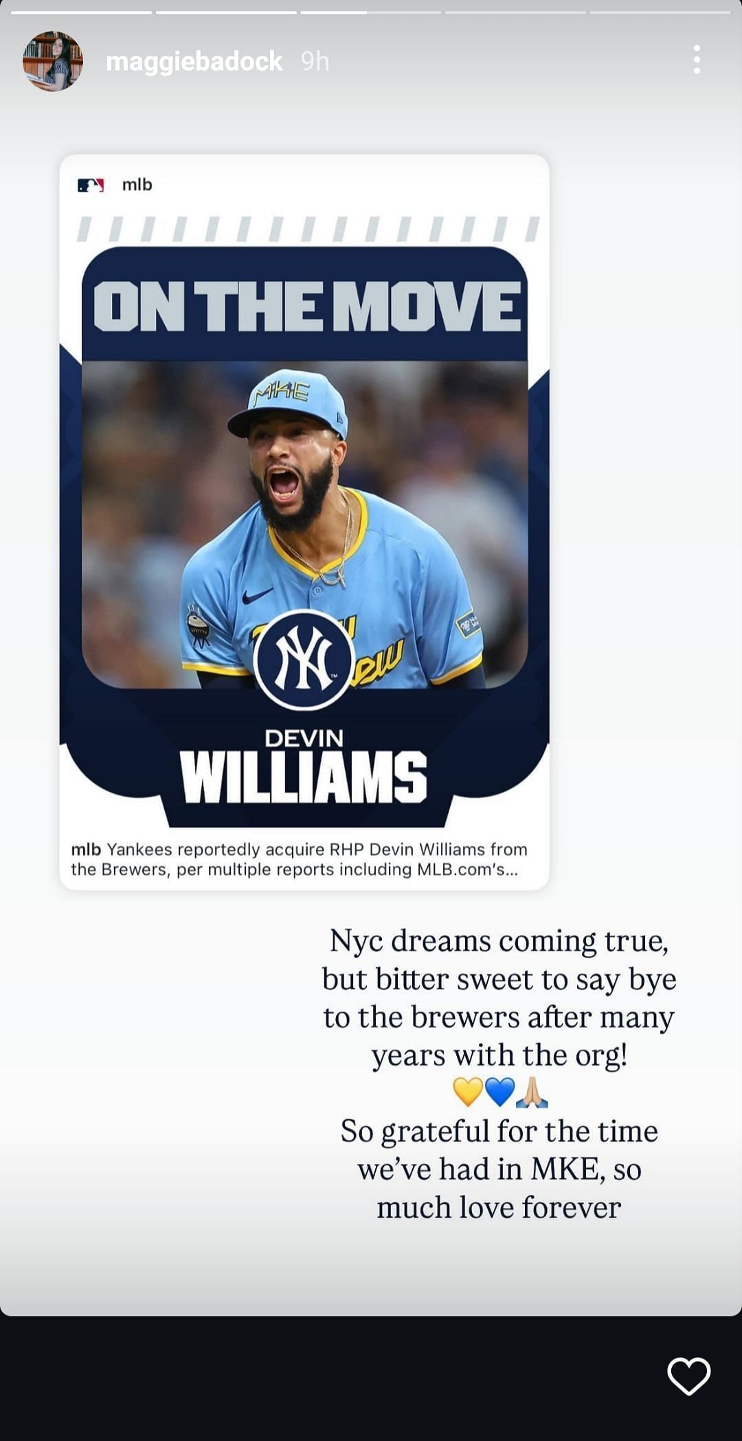 Devin Williams' girlfriend Maggie Badock sends 4-word message after 2x ...