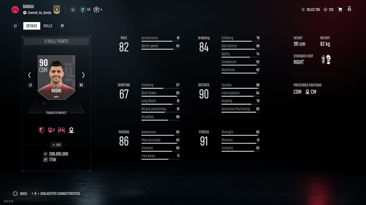 EA FC 25 vs UFL: Rodri player rating and stats comparison