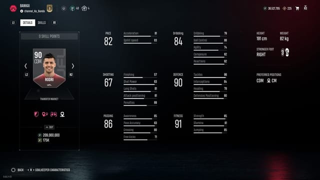 EA FC 25 vs UFL: Rodri player rating and stats comparison