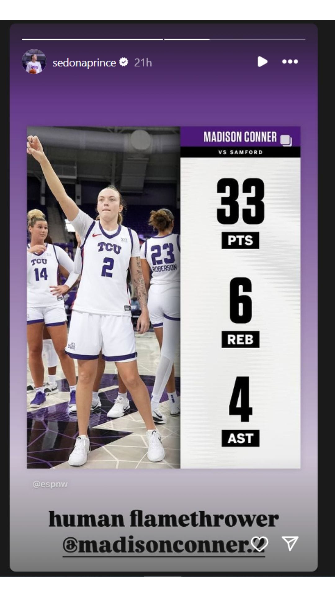 TCU's Sedona Prince shoots 2-word compliment for teammate Madison ...