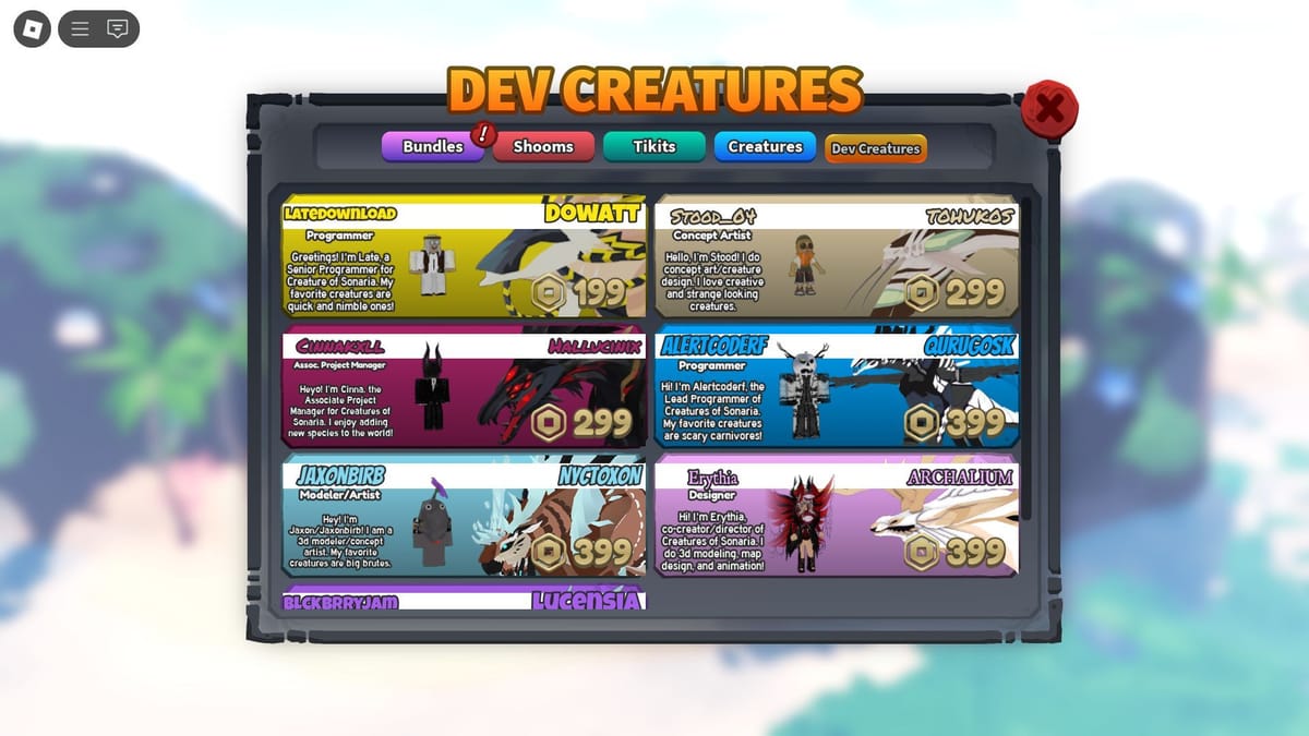 Creatures of Sonaria: All Robux Creatures and Dev Creatures