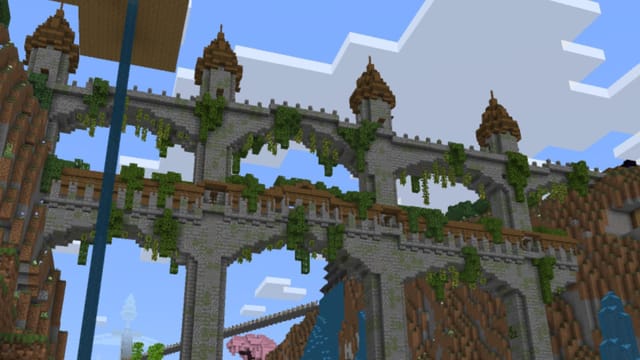 Minecraft player builds a beautiful and tall bridge