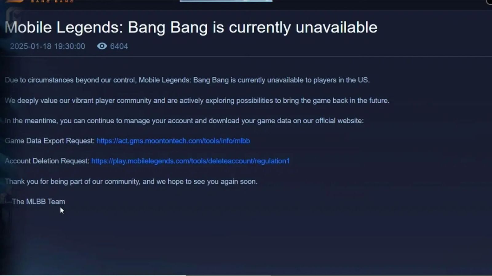 Why was MLBB banned in the US?