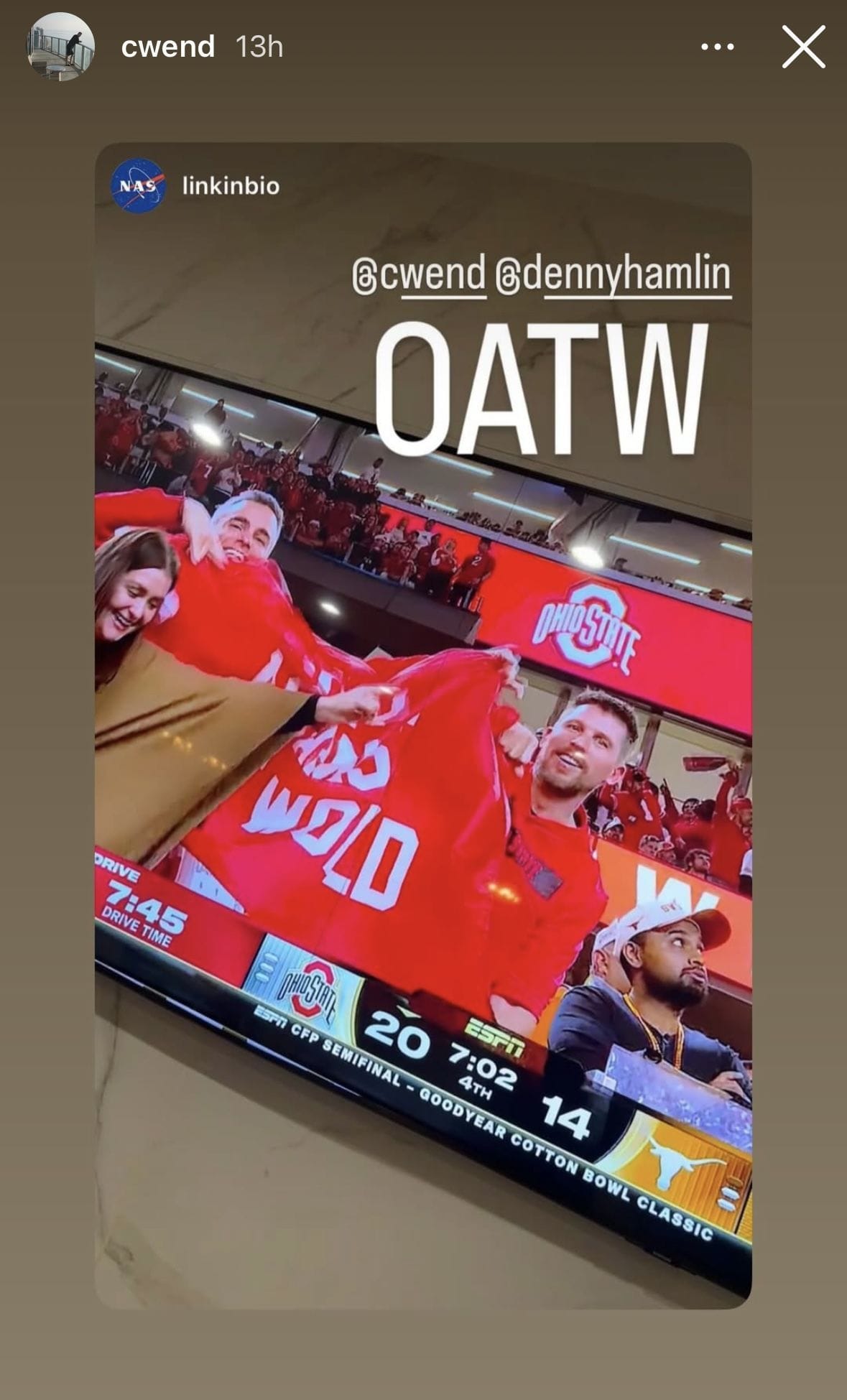Denny Hamlin features on live TV whilst supporting Ohio State Buckeyes