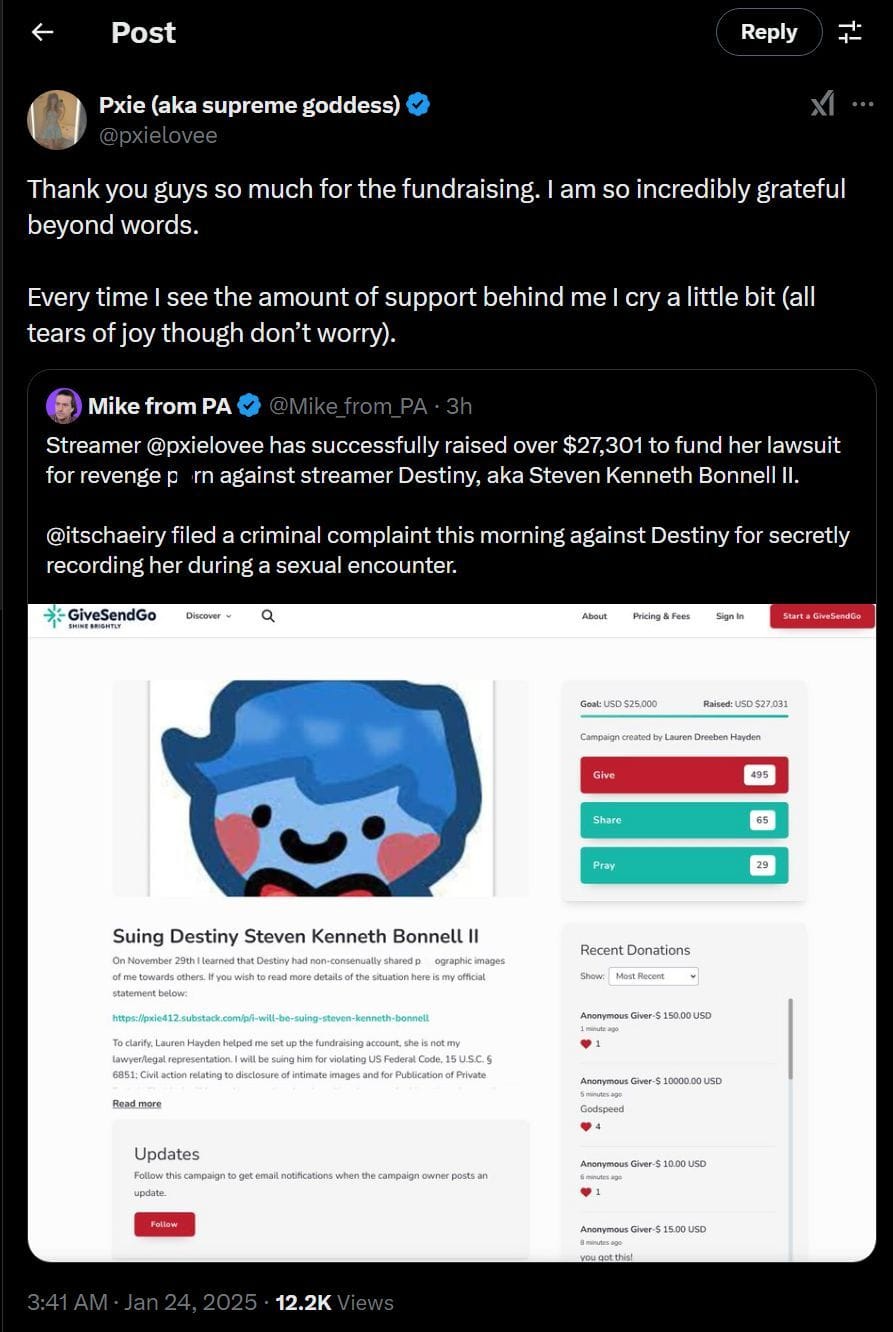 Pxie thanks supporters after raising $27K to sue Destiny on same day a ...