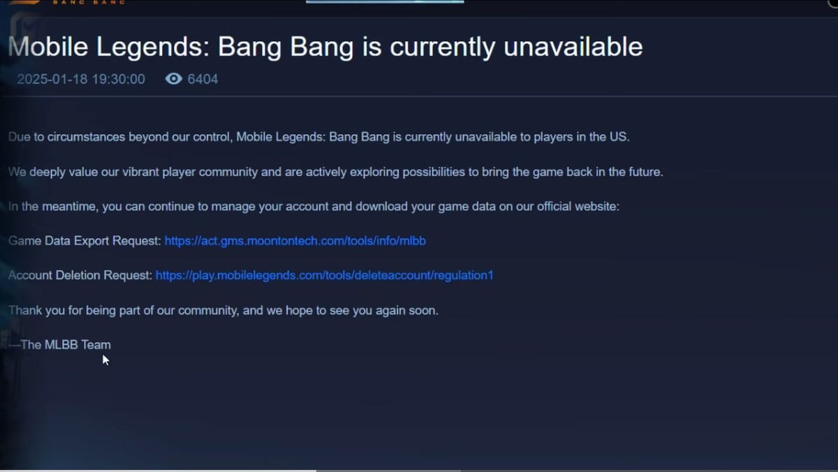Mobile Legends Bang Bang (MLBB) banned in the USA