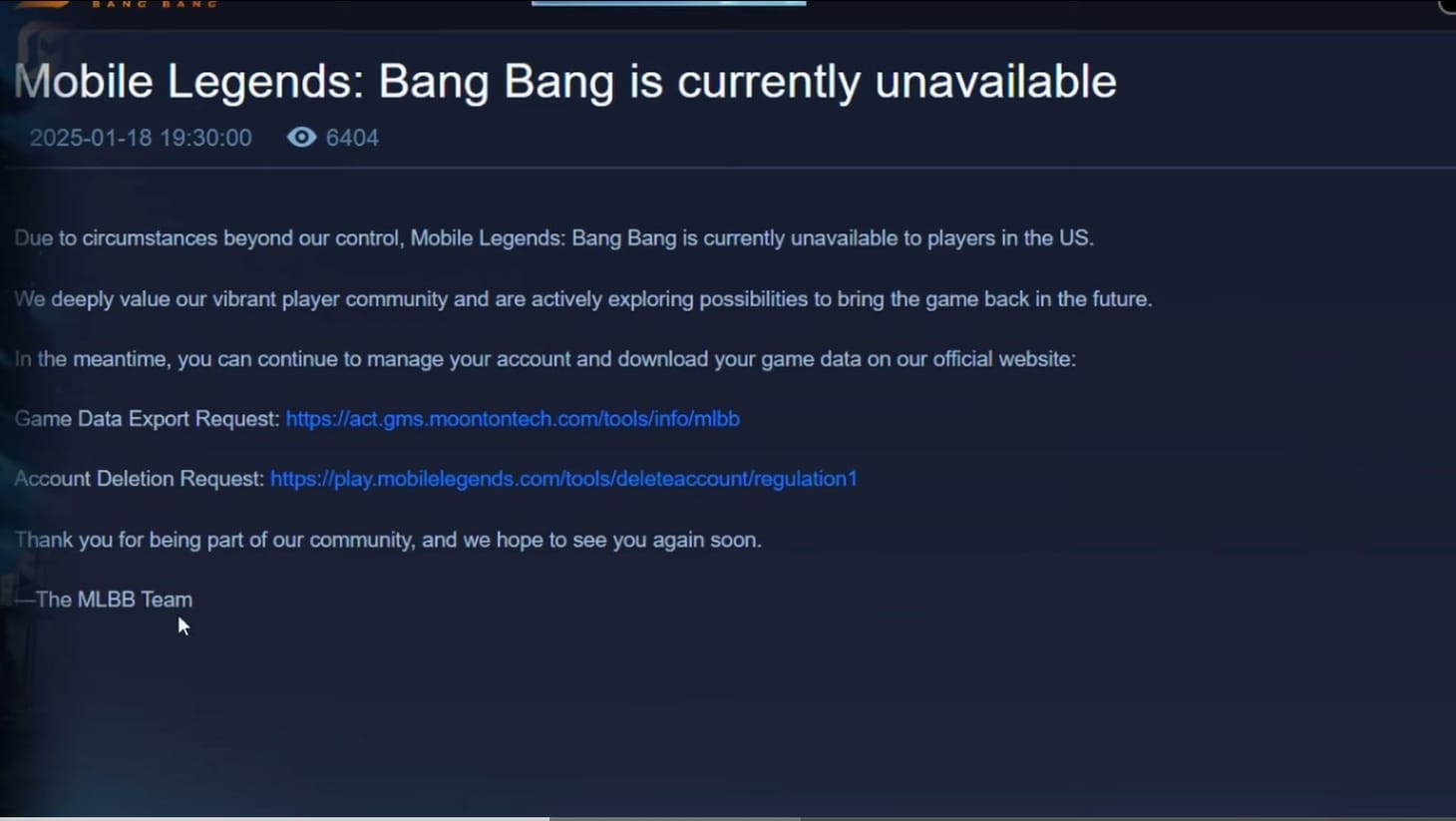 Mobile Legends Bang Bang (MLBB) banned in the USA