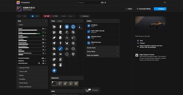 Admetus-D god roll guide for Destiny 2 PvE and PvP