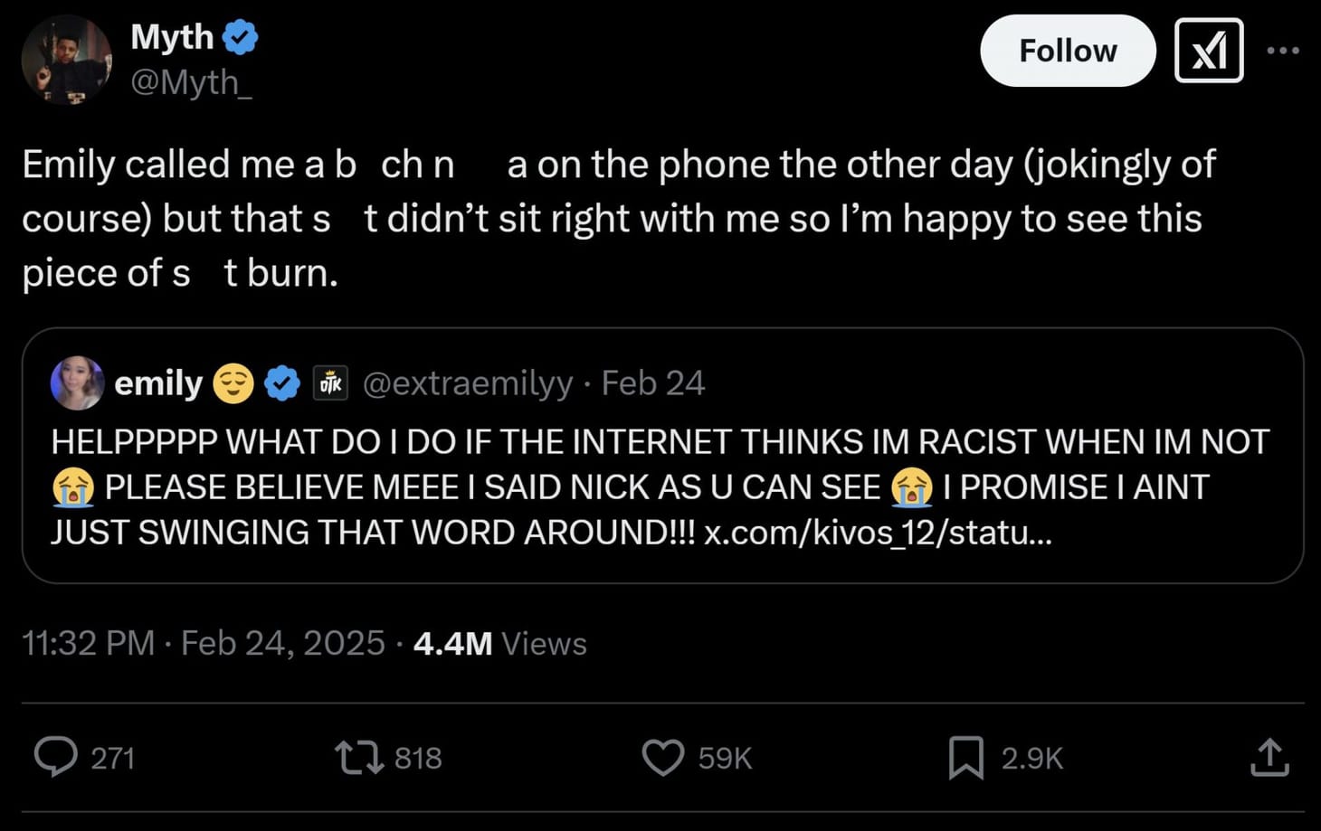 "Emily called me a b**ch n***a": Myth comments on ExtraEmily alleged N ...