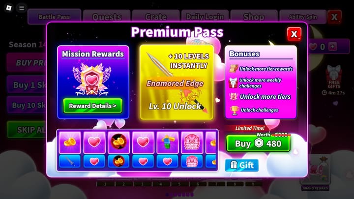 Blade Ball Season 14 Battlepass (Valentine's Battlepass): All rewards