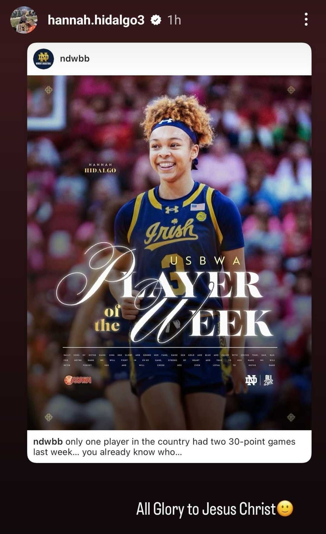 Notre Dame’s Hannah Hidalgo drops 5-word reaction to show gratitude after earning USBWA honor