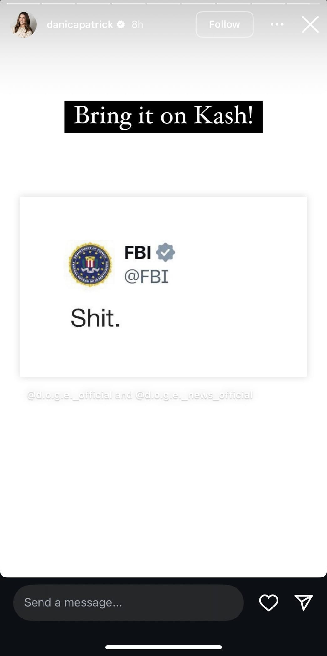 Danica Patrick drops 4-word reaction to a meme on Kash Patel's ...