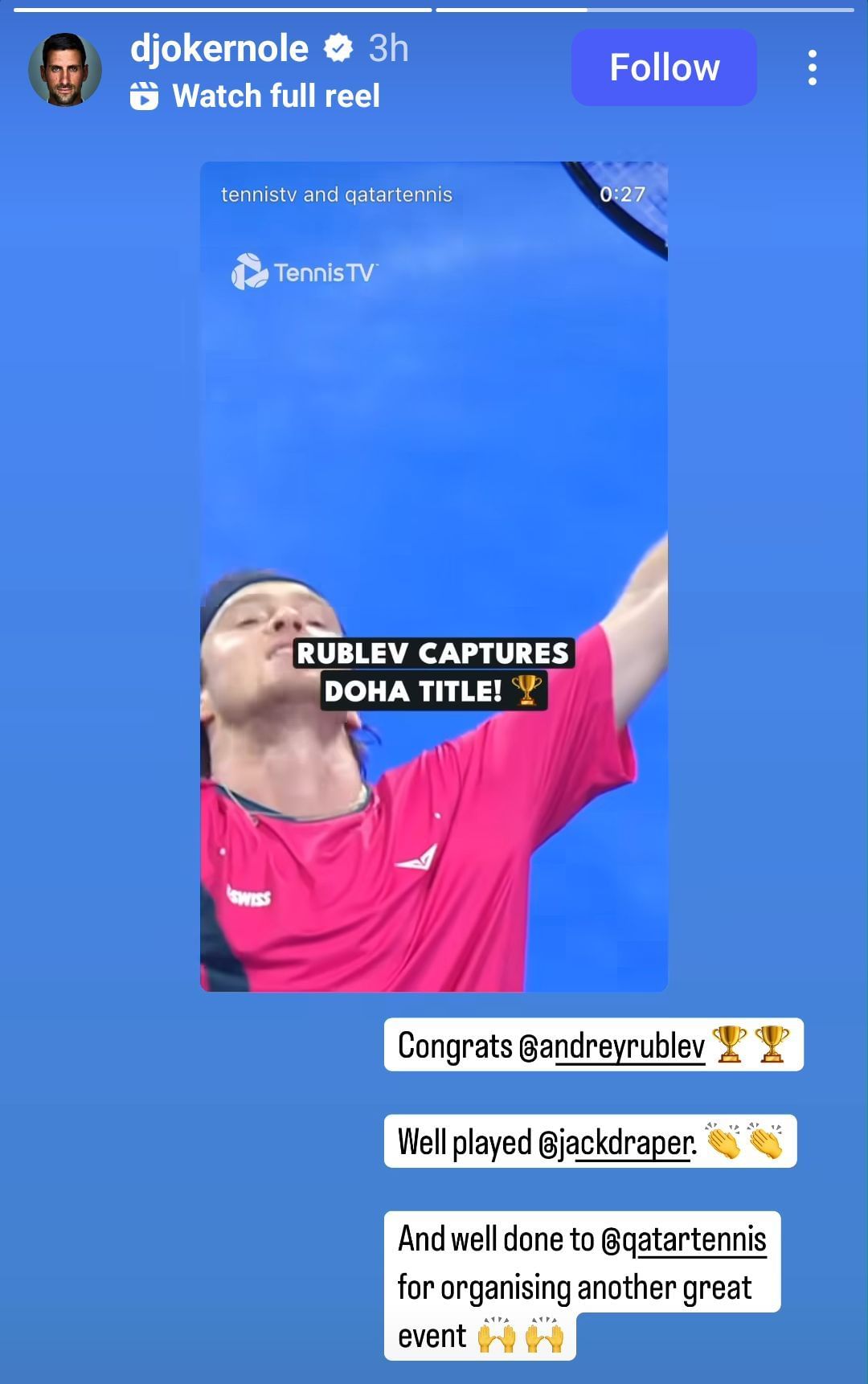 Novak Djokovic sends message to Andrey Rublev & Jack Draper after Russian defeats Brit in Qatar ...